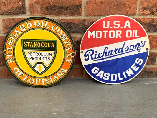 Two Small Enamel Richardsons and Stanocola Gasoline Signs | Saturday ...