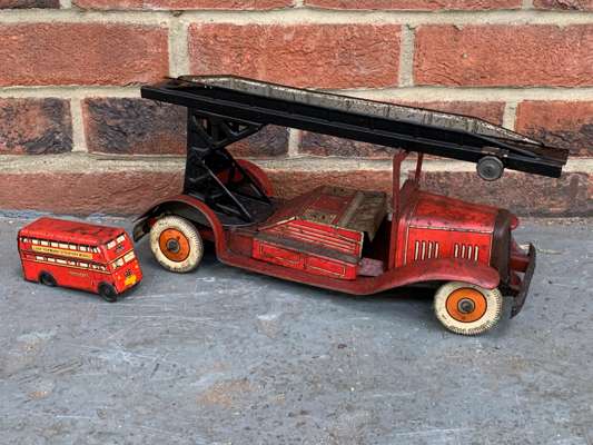 Vintage Tin Plate Clockwork Fire Engine and Double Decker Bus (2 ...