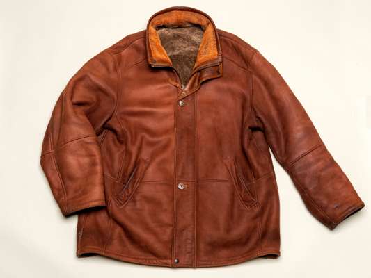 ORVIS, a men's brown leather and Merino shearling lined coat, size 48 ...